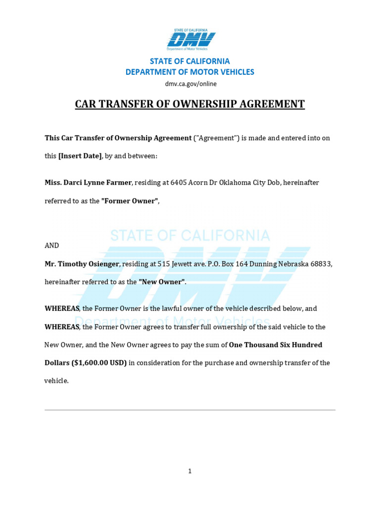 Car Transfer of Ownership Agreement | PDF | Vehicles | Motor Vehicle