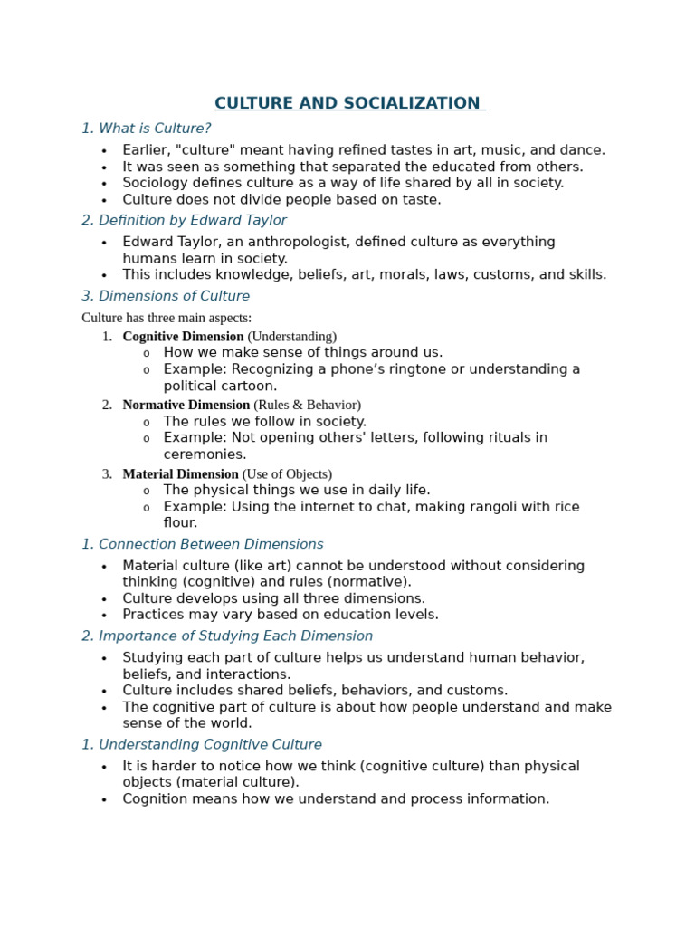 Culture and Socialization Simplified Notes | PDF | Socialization | Family