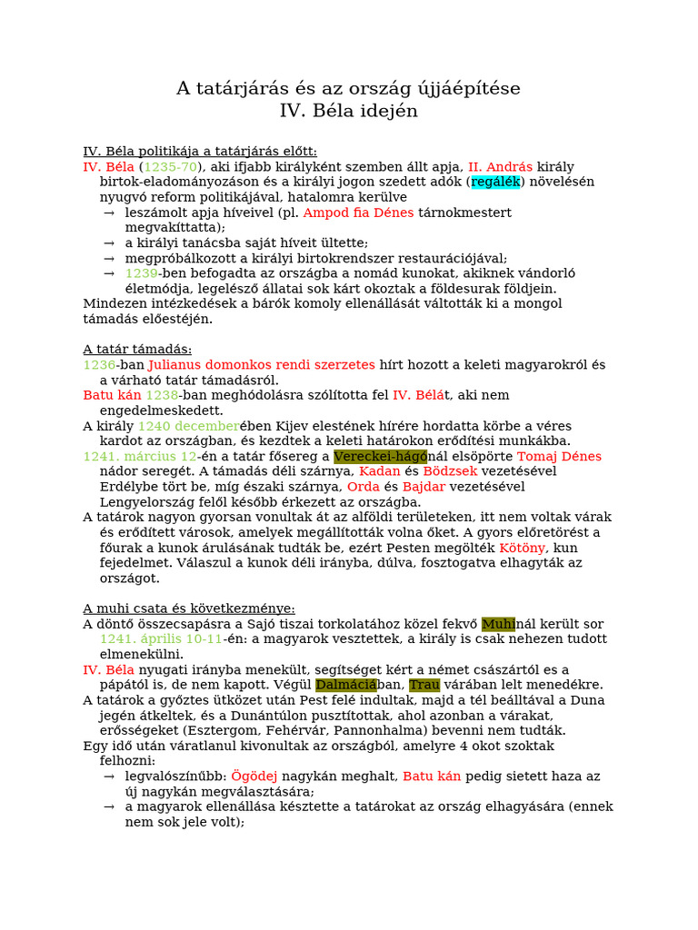28. a Tatárjárás És Az Ország Újjáépítése IV. Béla Idején | PDF