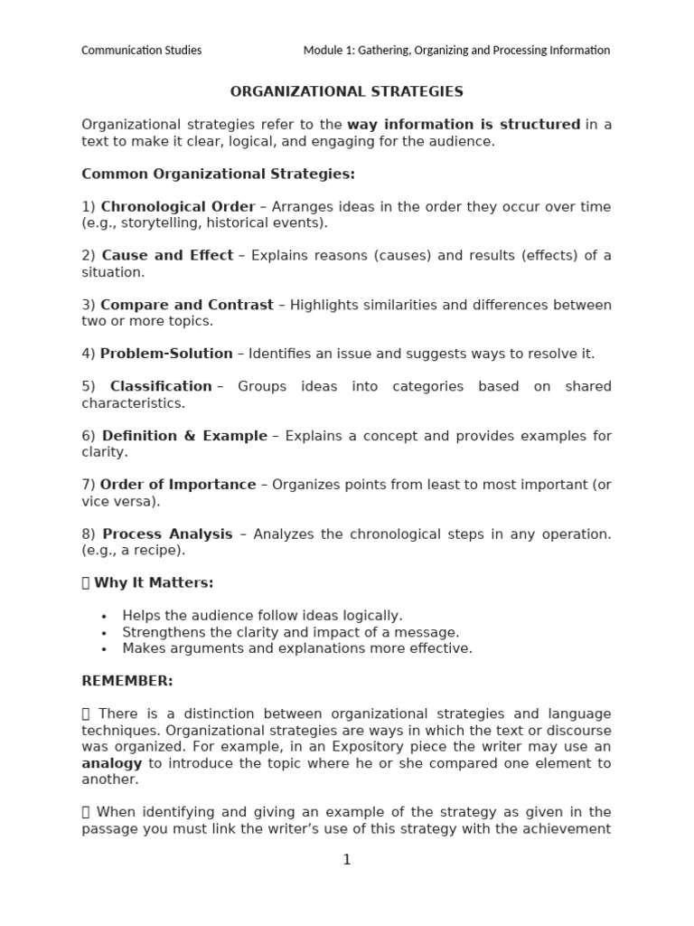 Organizational Strategies and Language Techniques Handout | PDF ...