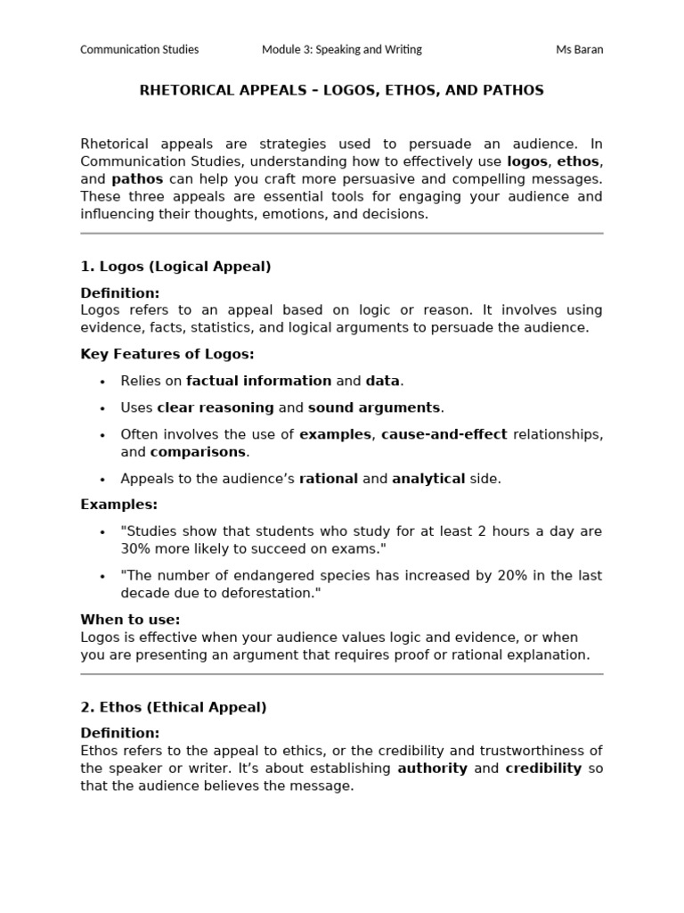 Rhetorical Appeals Handout | PDF | Logos | Credibility