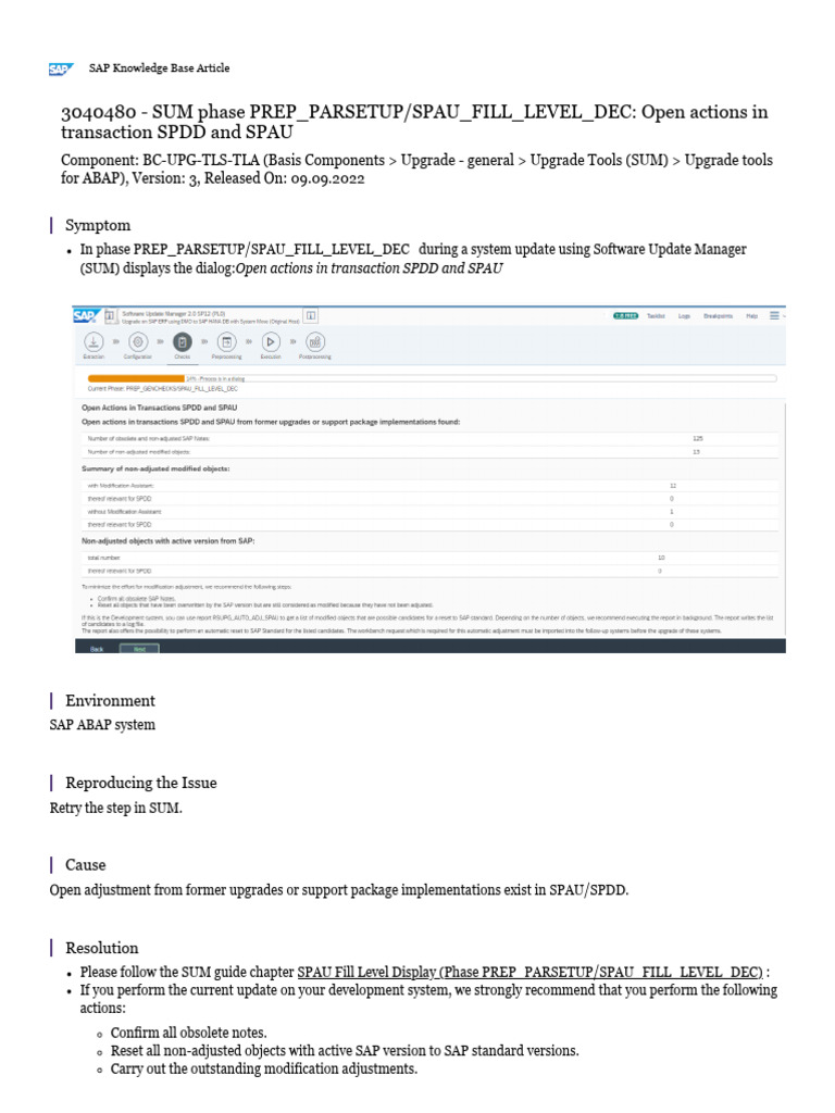 SUM Phase PREP - PARSETUP-SPAU - FILL - LEVEL - DEC Open Actions in Transaction SPDD and SPAU ...