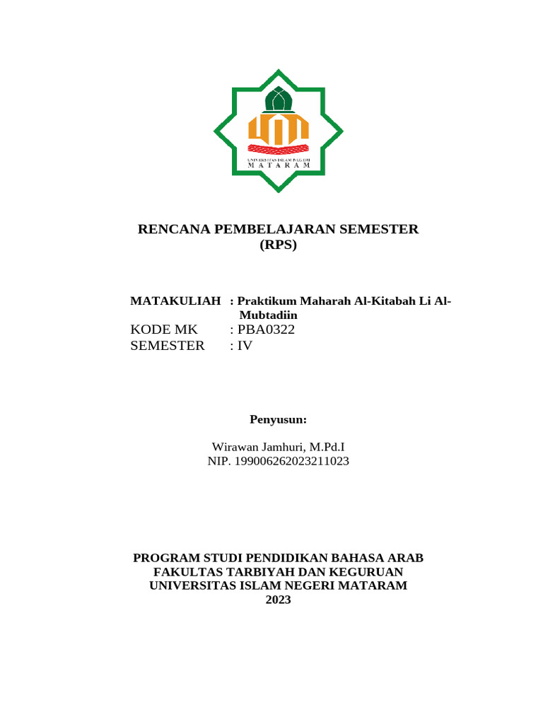 RPS Praktikum Maharah Al-Kitabah Li Al-Mubtadiin | PDF