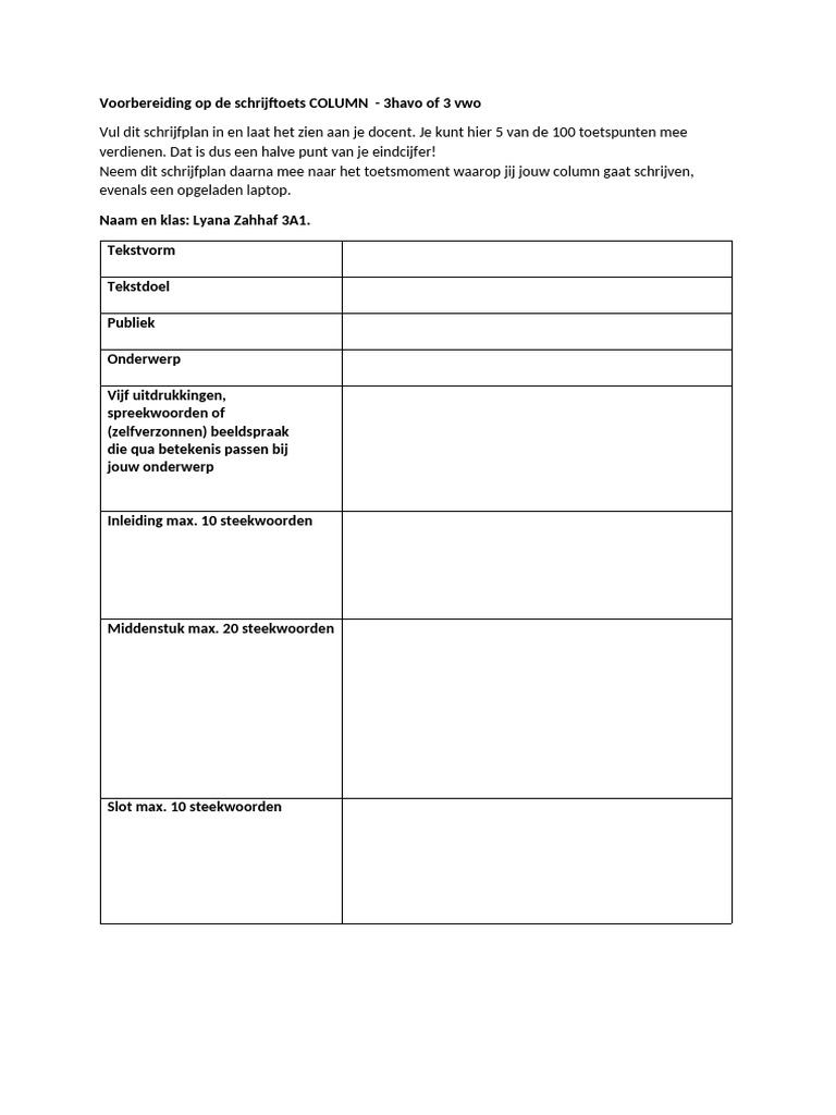 Column Schrijfplan Lyana | PDF