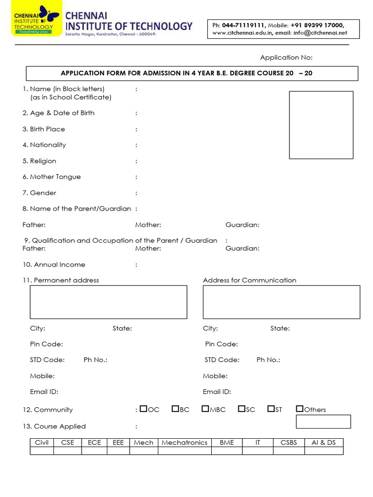 BE Entry Application Form 2020 Admissions | PDF