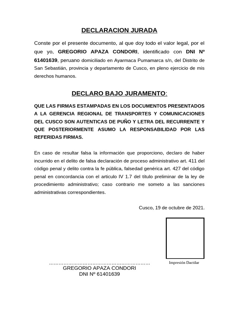 Declaración Jurada Autenticidad de Firmas | PDF