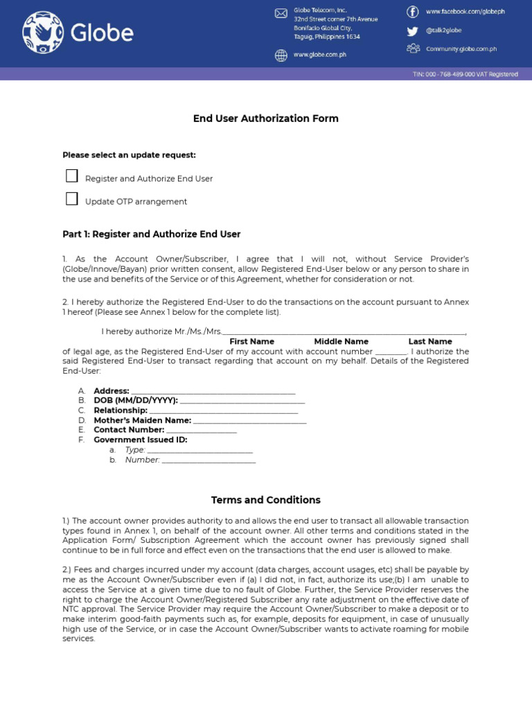 Globe_End User Authorization Form (1) | PDF | Subscription Business Model | Terms Of Service