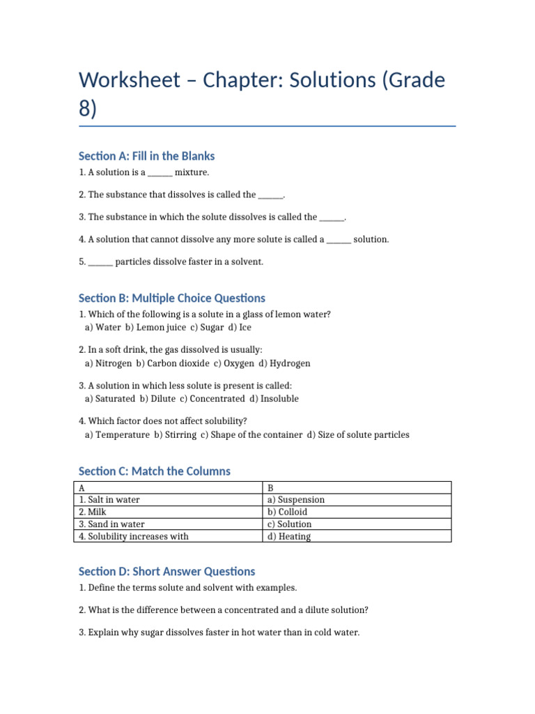 Grade 8 Solutions Worksheet | PDF