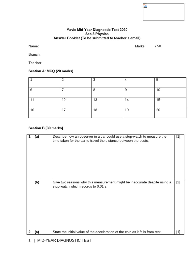 2020 Sec 3 Physics Diagnostic Test | PDF | Force | Density