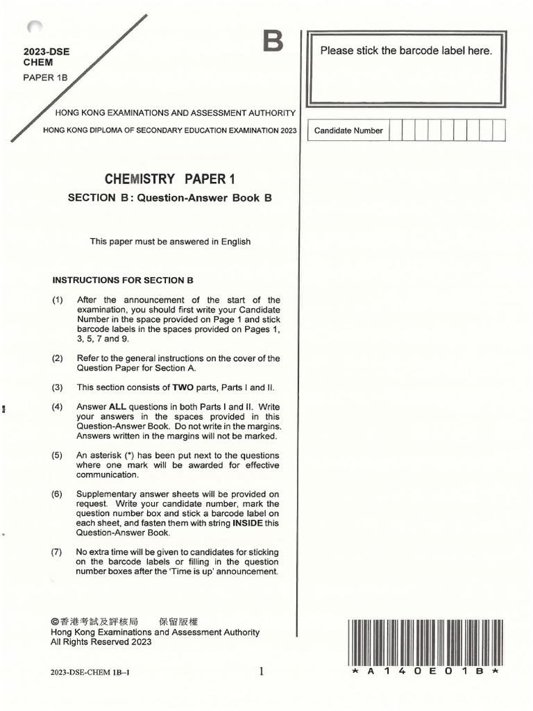 Chem DSE 2023 Paper 1B | PDF