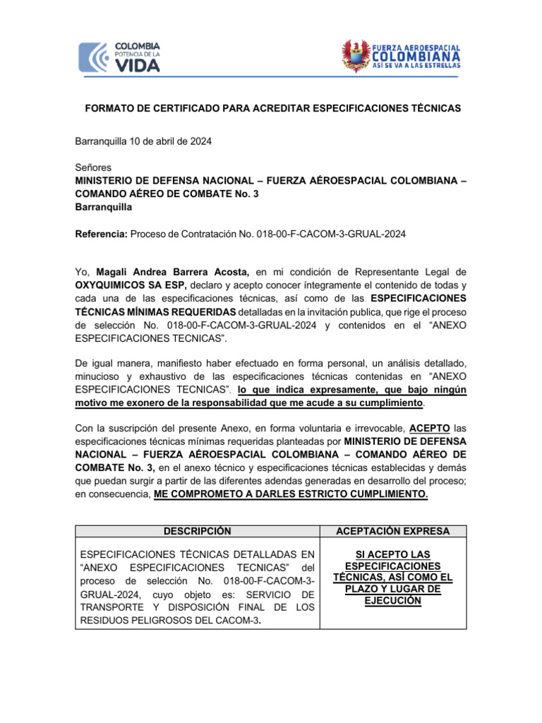 Formato Aceptacion Especificaciones Técnicas | PDF