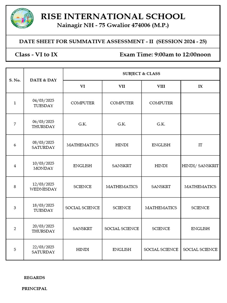 Class VI-IX Exam Date Sheet 2025 | PDF