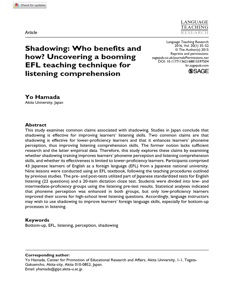 Hamada 2015 Shadowing Who Benefits and How Uncovering A Booming Efl Teaching Technique For ...