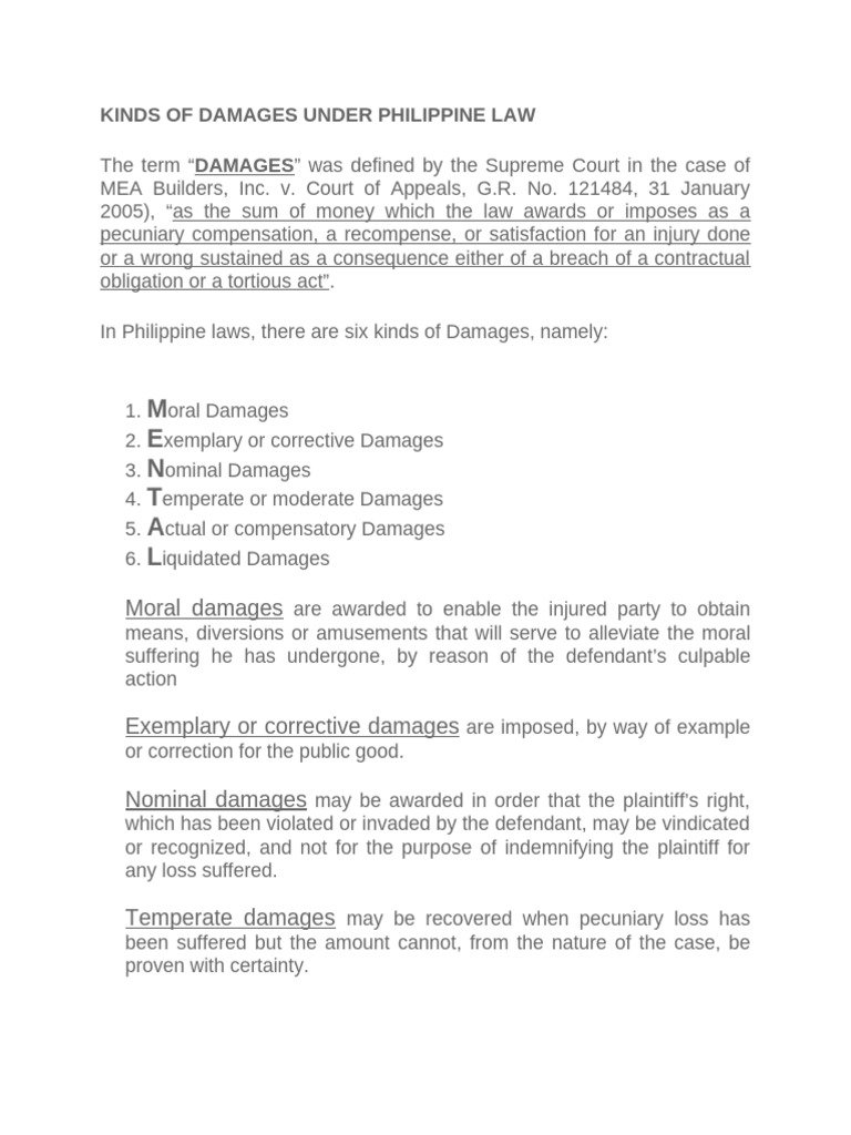Types of Damages in Philippine Law | PDF | Damages | Liquidated Damages