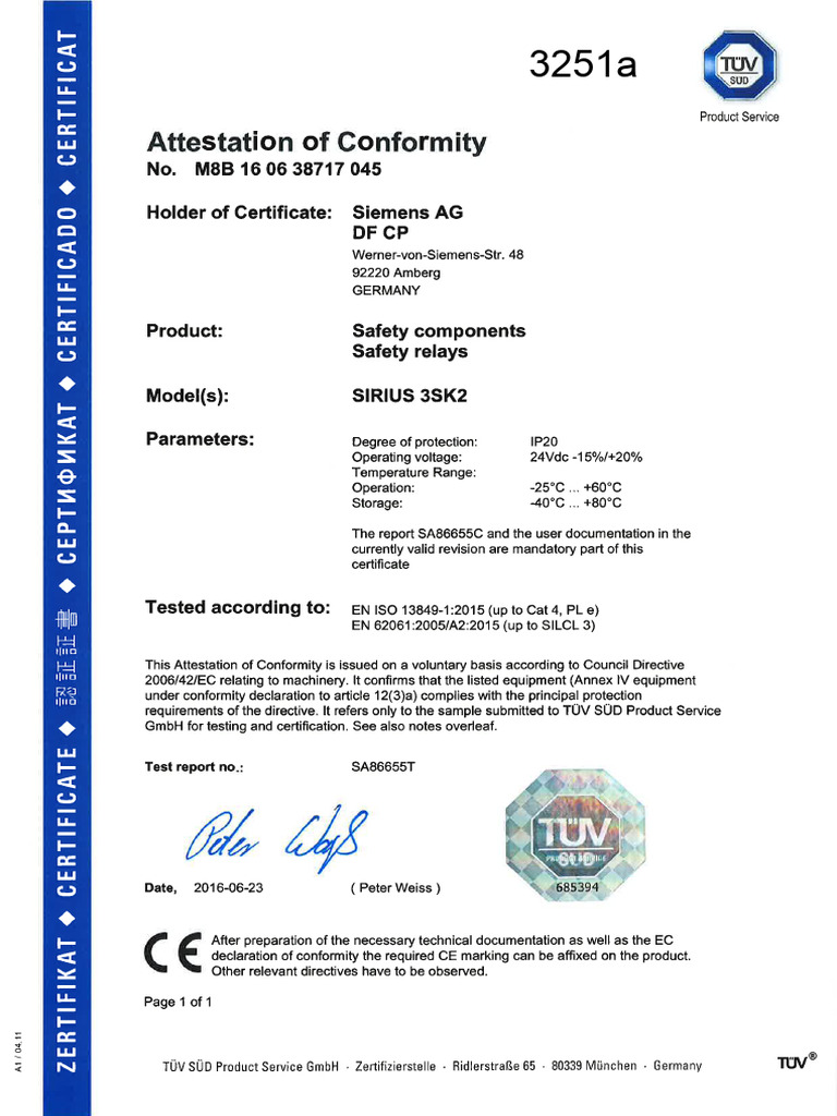 Certificado Seg Rele de Seg 3sk2 | PDF