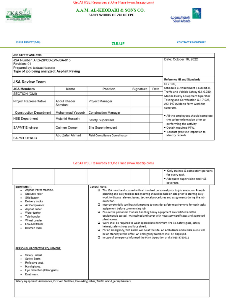 Asphalt Paving JSA (www.hsezip.com) | PDF | Personal Protective ...