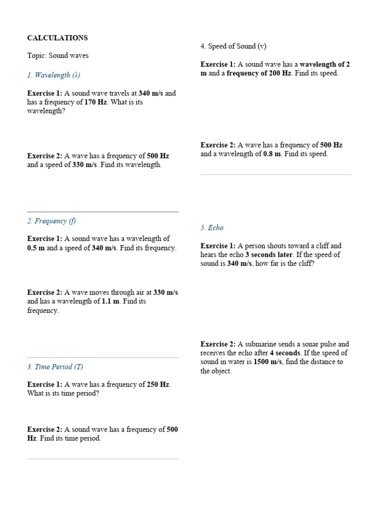 Sound Wave Calculations Exercises | PDF