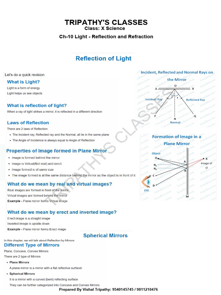 Class X Science: Light Reflection & Refraction | PDF