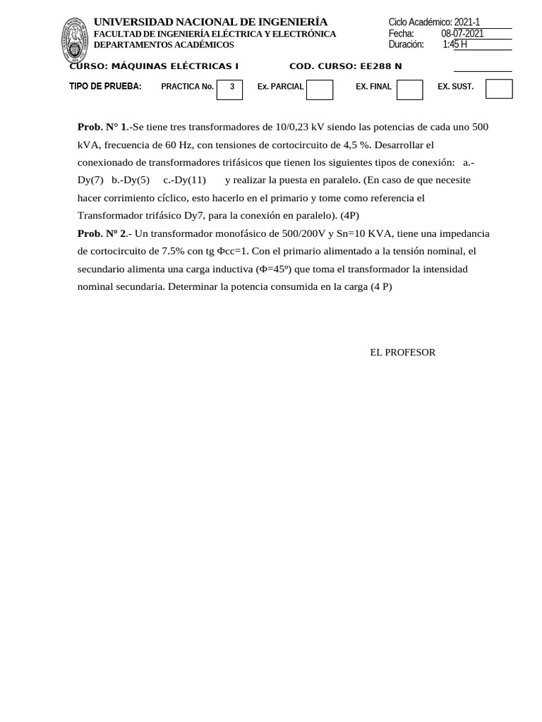 3ra Práctica Calificada Ee288n Ciclo 2021-1 | PDF