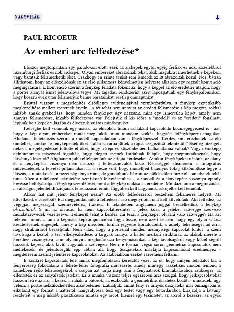 RICOEUR, PAUL - Az Emberi Arc Felfedezése | PDF