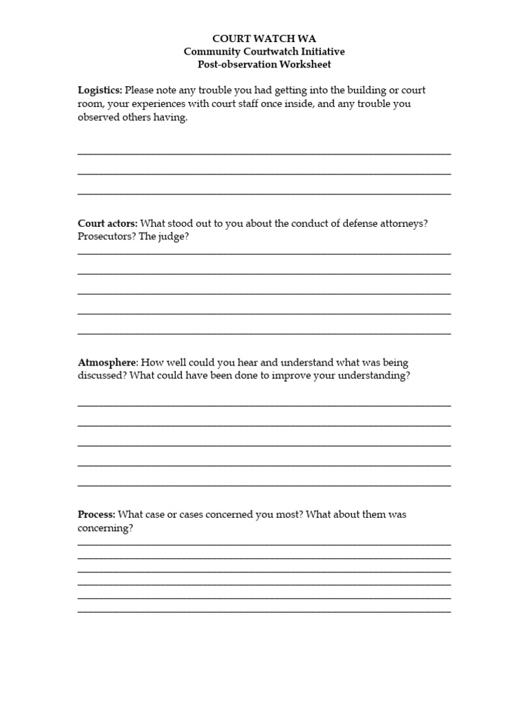 Community Courtwatch Initiative Post-Observation Worksheet (CourtWatch ...