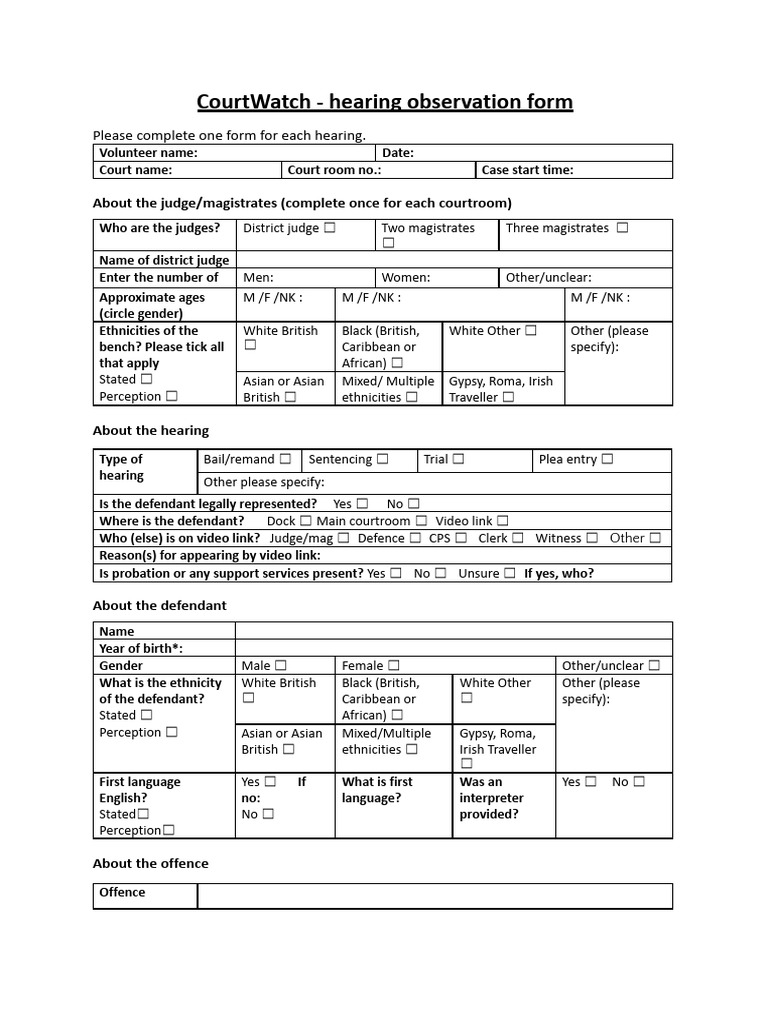 Courtwatch Hearing Observation Form (Transform Justice) | PDF | Bail | Plea