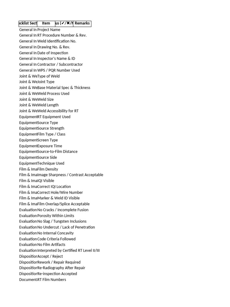 RT Inspection Checklist | PDF