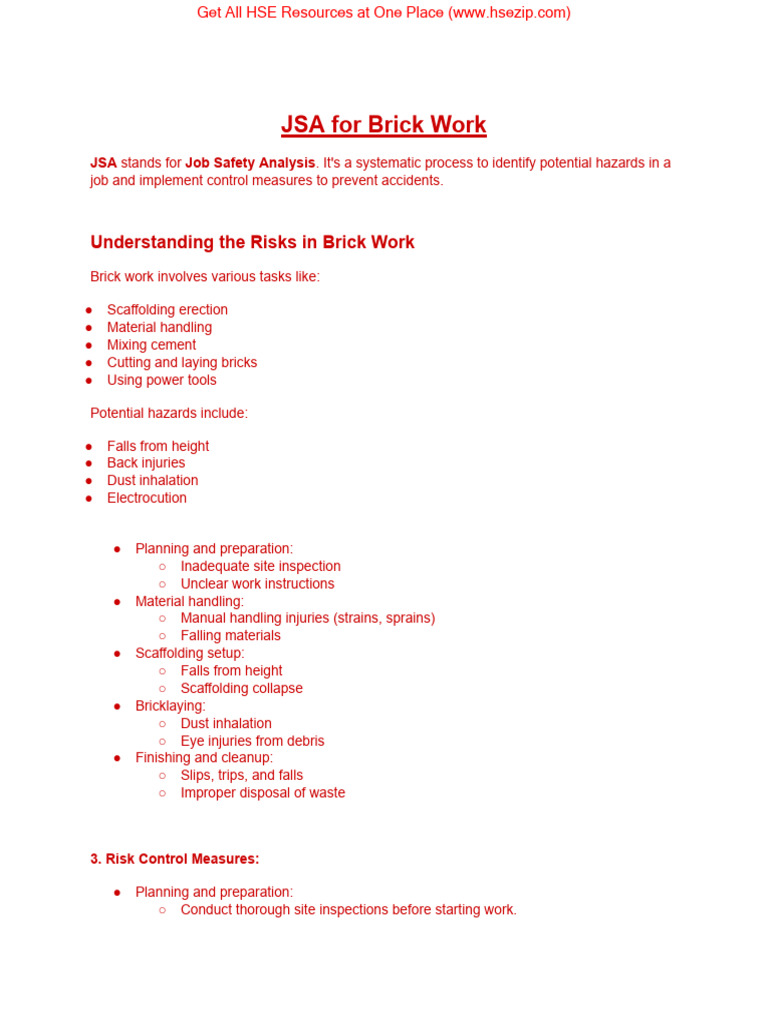 Brick Work Job Safety Analysis Guide | PDF | Personal Protective ...