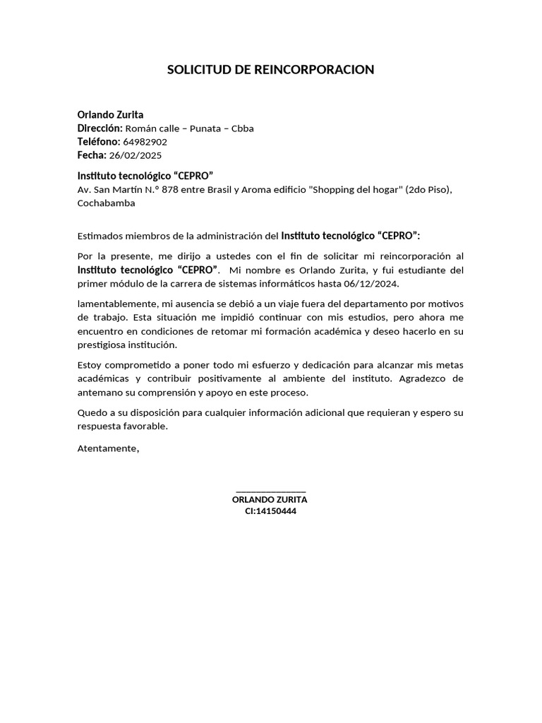 Solicitud de Reincorporacion | PDF
