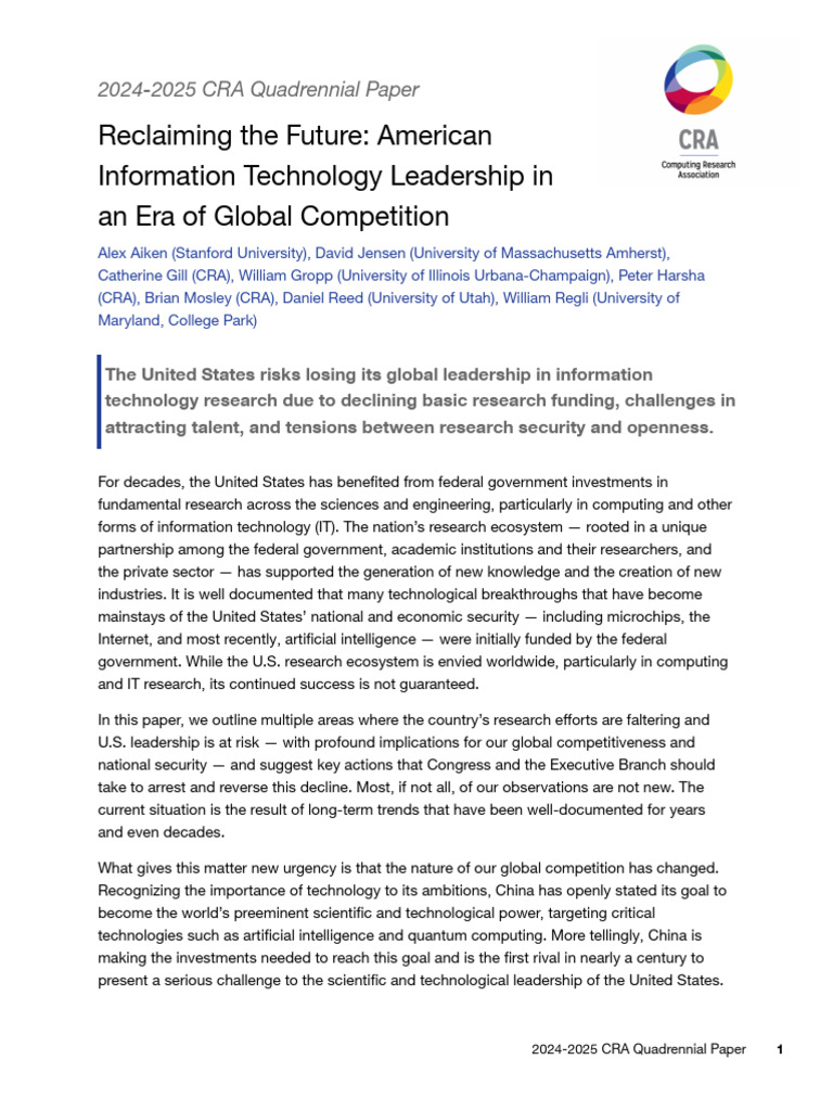 Reclaiming The Future: American Information Technology Leadership in An ...
