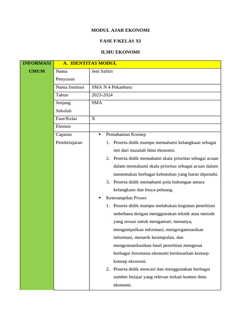 Modul Ajar Ekonomi Fase E Semeseter 1 | PDF