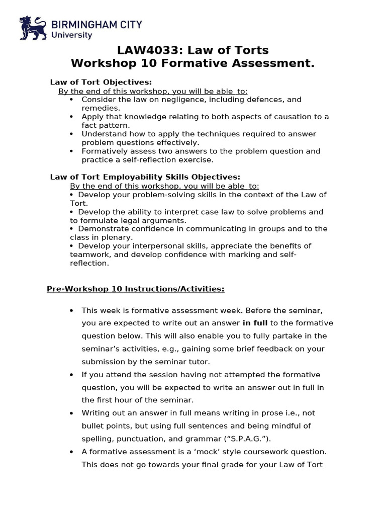 Law of Torts: Negligence Assessment Guide | PDF | Tort | Negligence