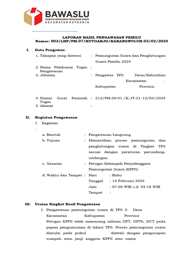 Pengawasan Pemilu TPS 003 Kutoarjo | PDF