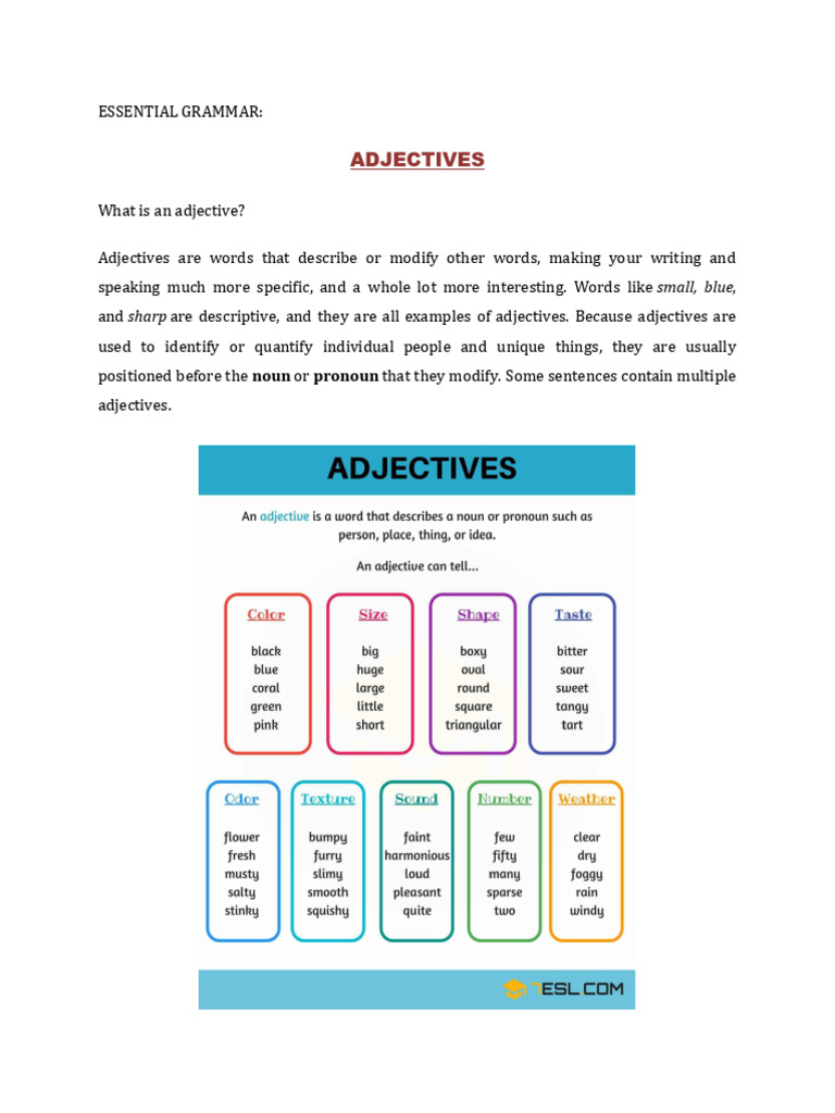 Essential Grammar (Adjectives) | PDF