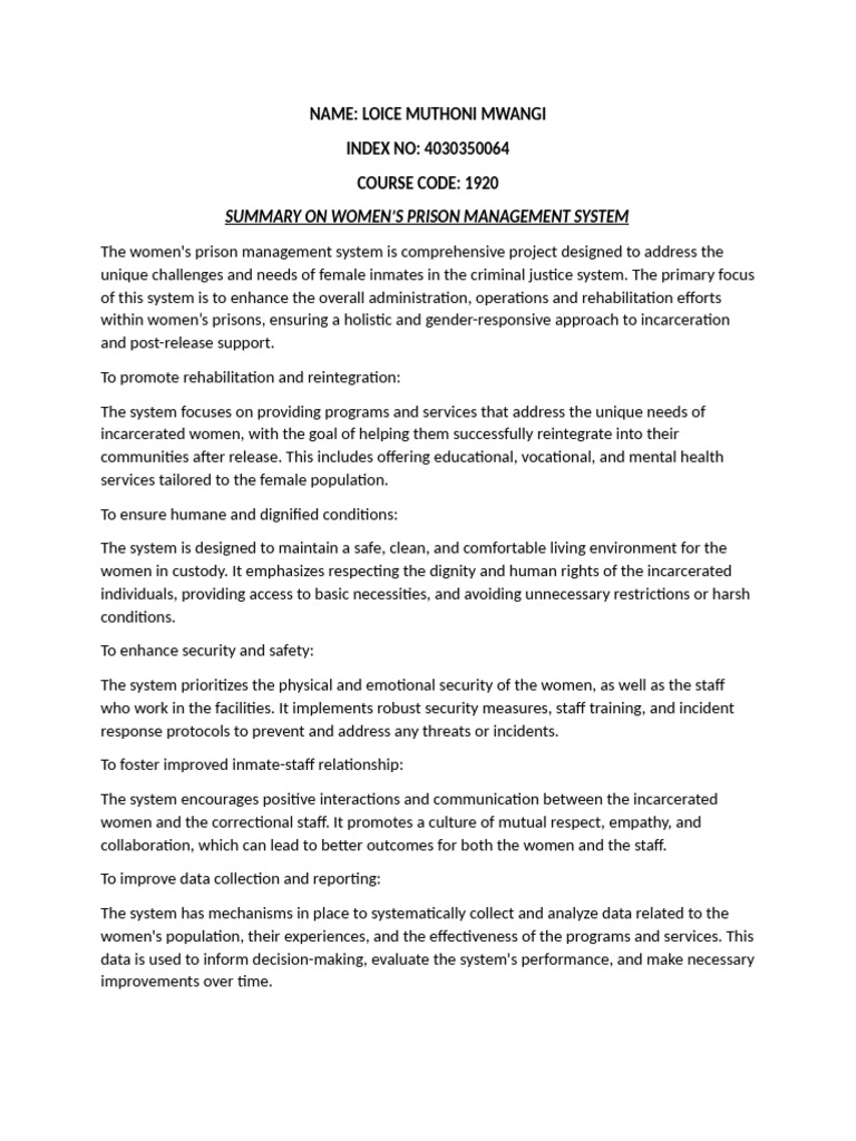 SUMMARY ON WOMENS'S PRISON MANAGEMENT SYSTEM | PDF