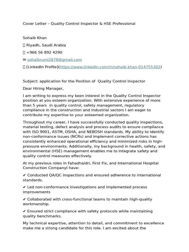Cover Letter For Quality Control Inspector | PDF