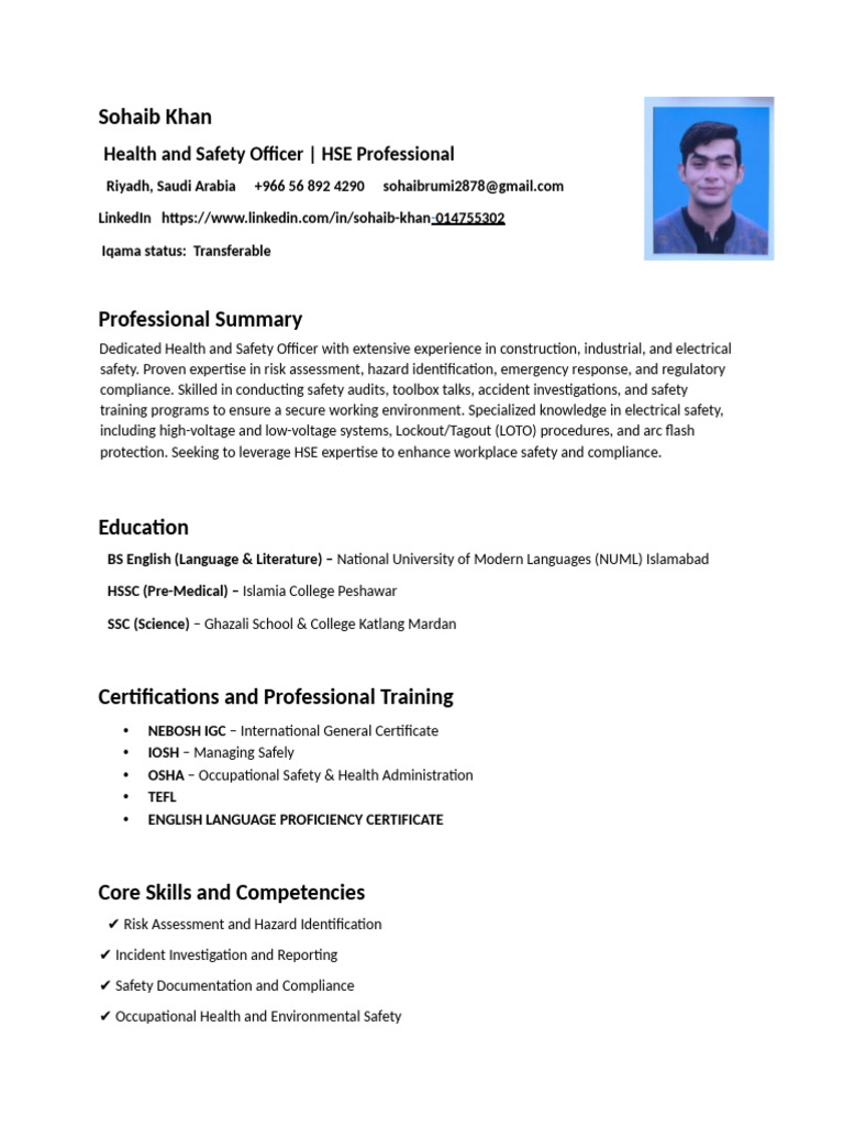 Health and Safety Officer CV - Saudi Arabia | PDF | Occupational Safety ...
