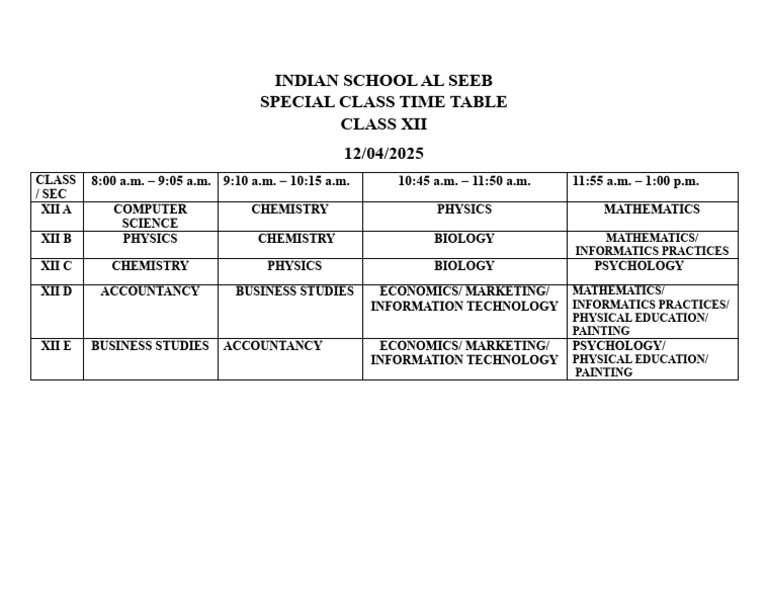 Class XII Special Timetable 2025 | PDF