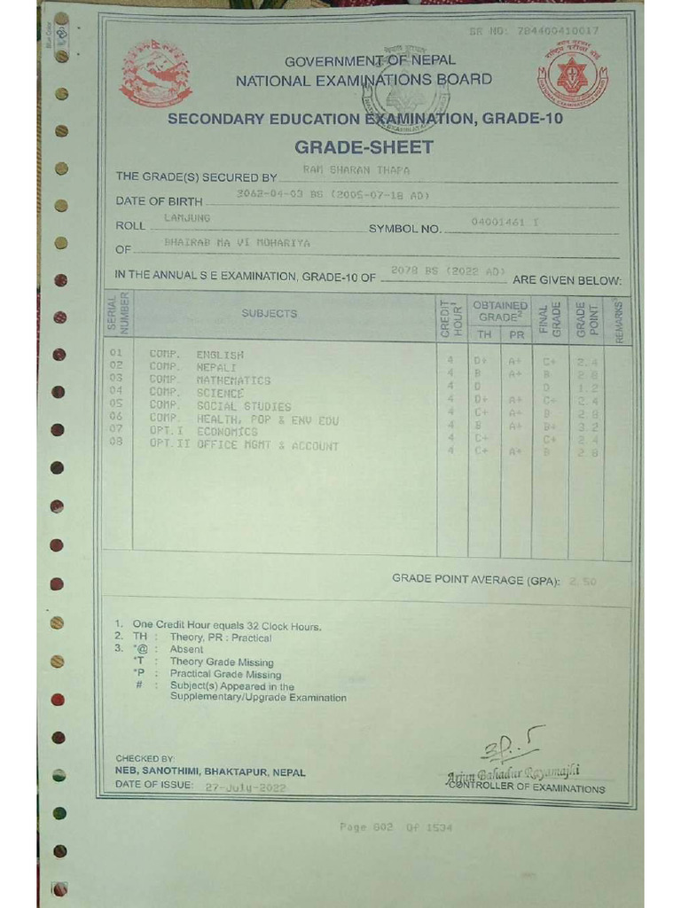 SEE Mark Sheet | PDF