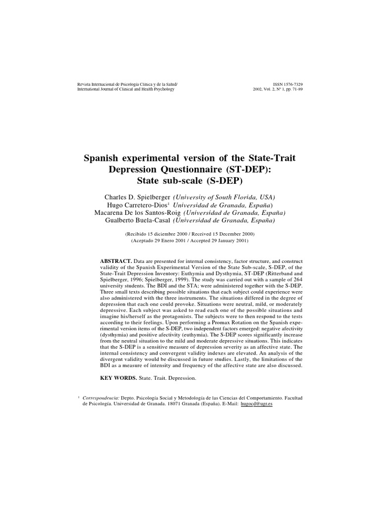 2002 - Spanish Experimental Version of The State-Trait Depression ...
