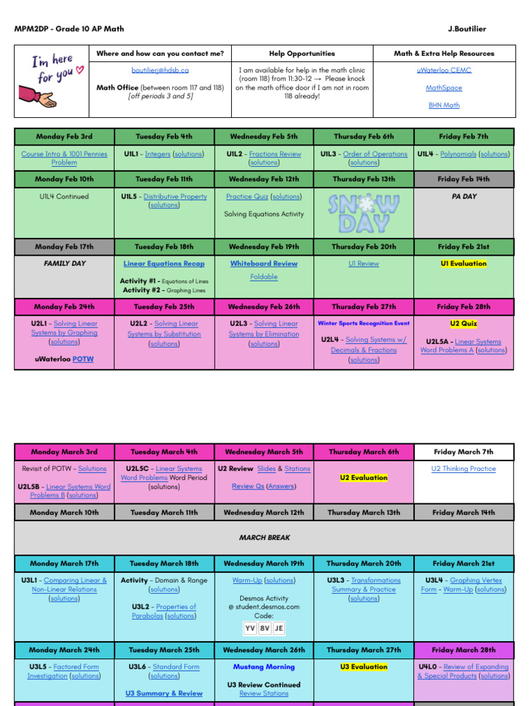 MPM2DP Sem2 - Course Calendar PDF | PDF | Algebra | Elementary Mathematics