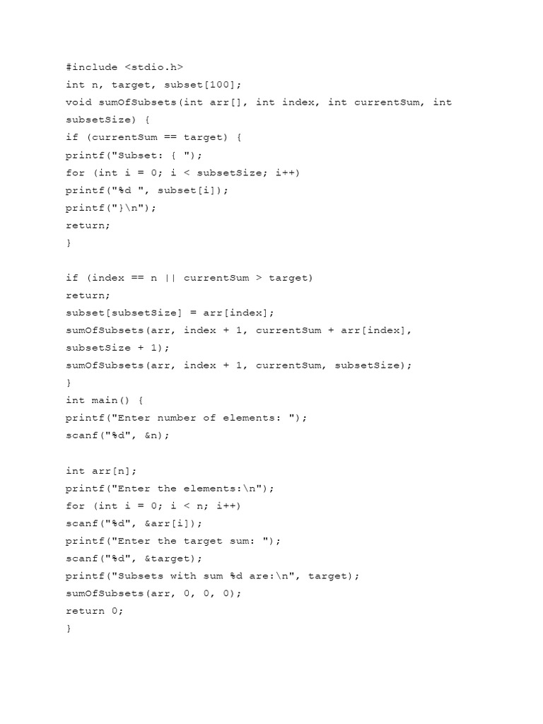 Find Subsets with Target Sum in C | PDF