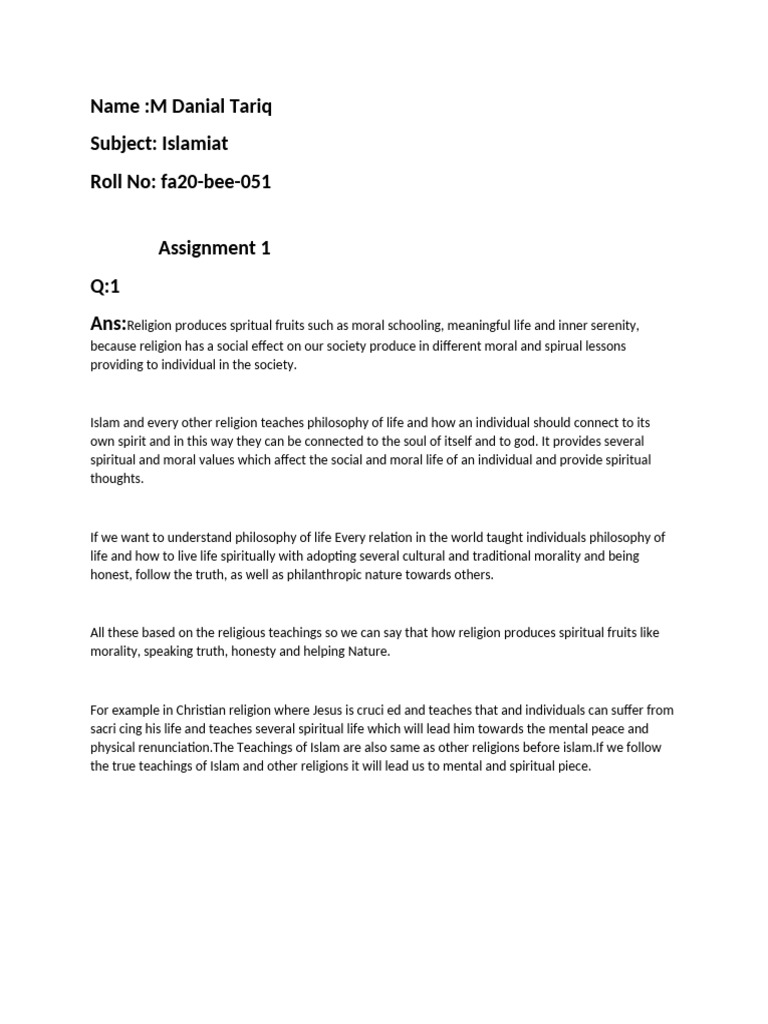 Assignment 1 Islamiyat Fa20-bee-051 | PDF