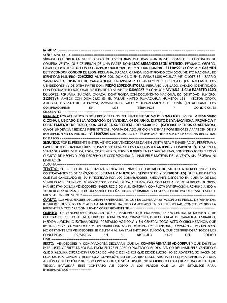 MINUTA VENTA ISAC LEON ATENCIO | PDF
