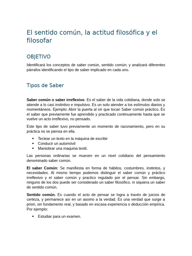 El Sentido Común, La Actitud Filosófica y El Filosofar | PDF