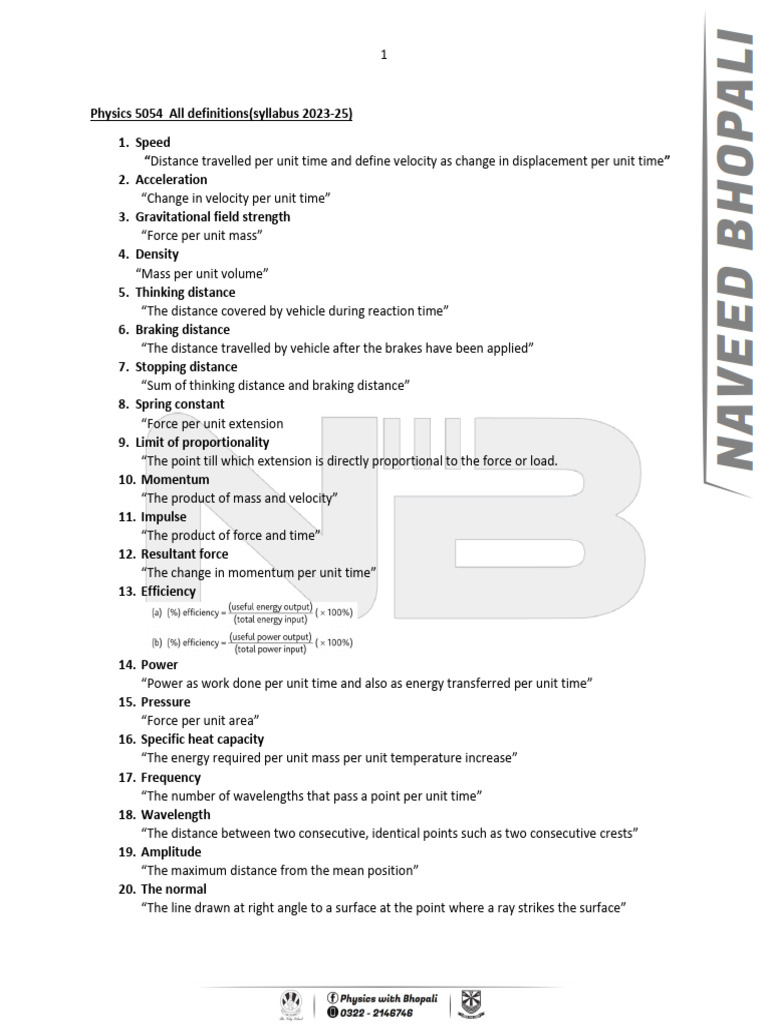 Definitions - O Level - Physics 2024 | PDF | Force | Atomic Nucleus