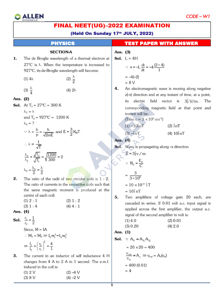 Neet 2022 Answer Key Physics | PDF