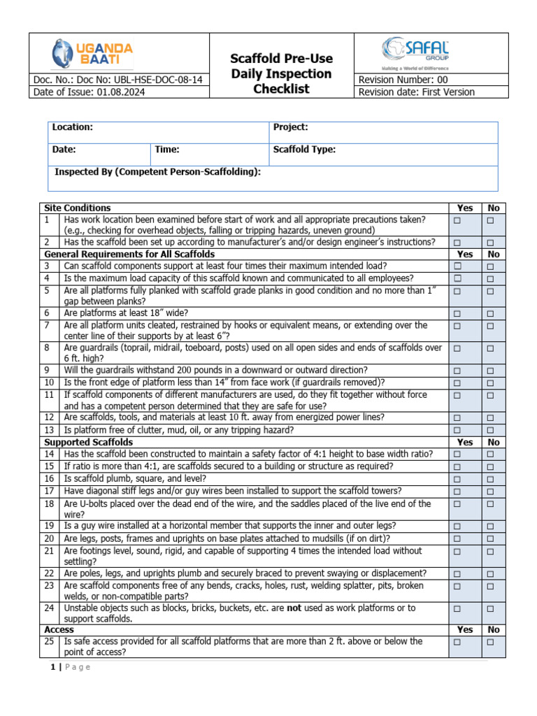 UBL-EHS-DOC-08-14 - Scaffold - Pre-Use - Daily Inspection - Checklist. | PDF | Scaffolding