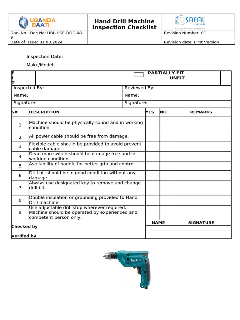 UBL-HSE-DOC-08-9 - Hand Drill Inspection Checklist | PDF
