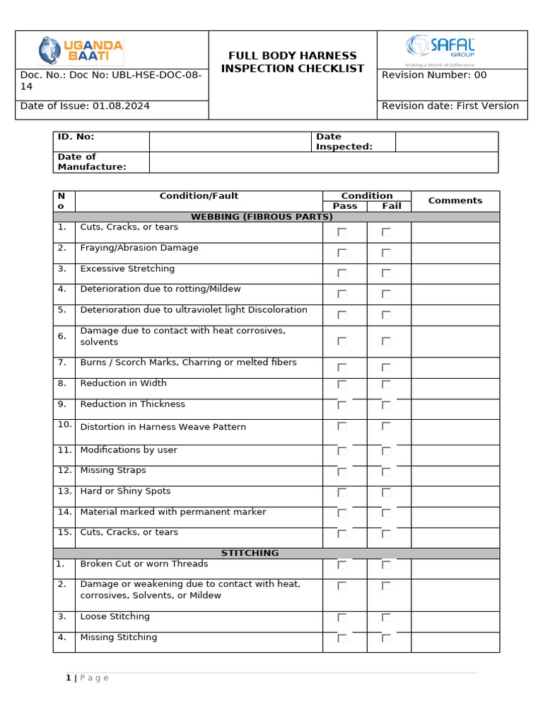 Ubl-Hse-Doc-08-14 - Full Body Harness Inspection Checklist | PDF